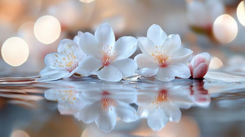 White Cherry Blossoms Floating on Water with Soft Bokeh Lights Stock ...