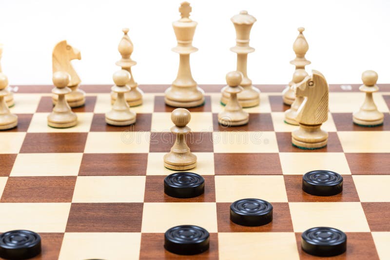 White Chess and Black Checkers Gaming on Board Stock Image - Image of ...