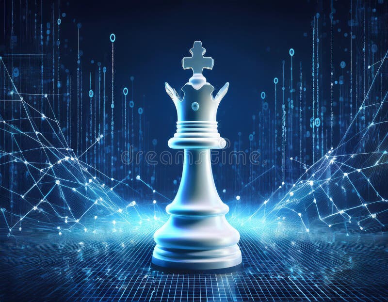 White Chess King with Blurred Binary Data and Computer Network on Dark ...
