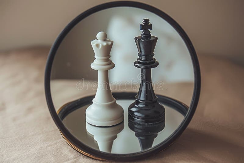 White Chess Piece Reflected in the Mirror beside a Black Chess Piece ...