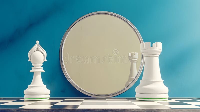 White Chess Pieces with a Mirror on Blue Backdrop Stock Illustration ...