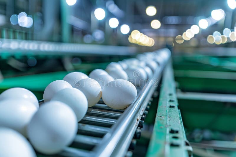 White Chicken Eggs Moving on Conveyor at Poultry Farm, Using Modern Egg ...