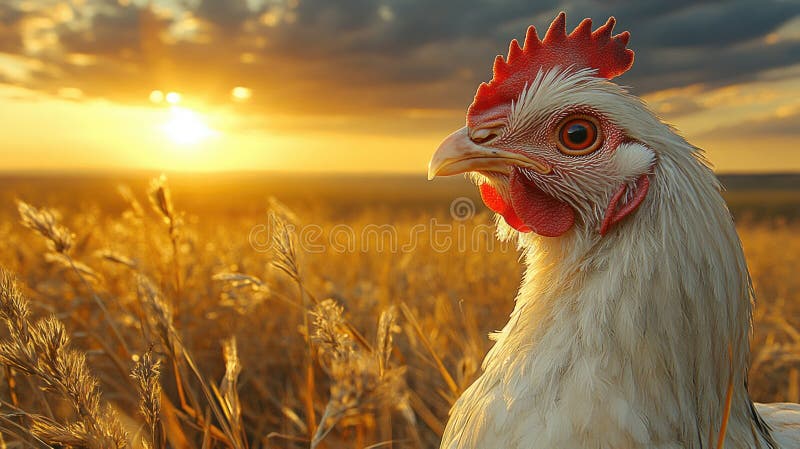 White Chicken in Golden Wheat Field at Sunset Stock Photo - Image of ...