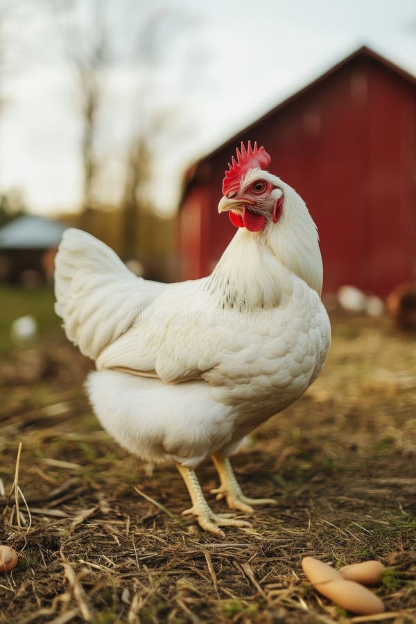 White Chicken with Red Comb Standing in Field Stock Image - Image of ...