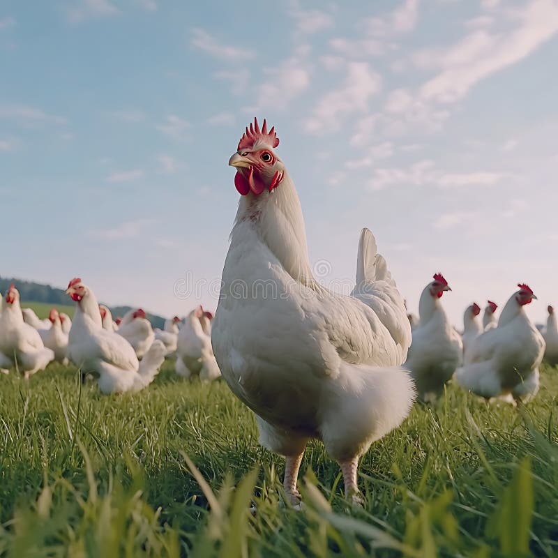 White Chickens Pecking on a Rustic Farm Under Blue Skies Stock Image ...