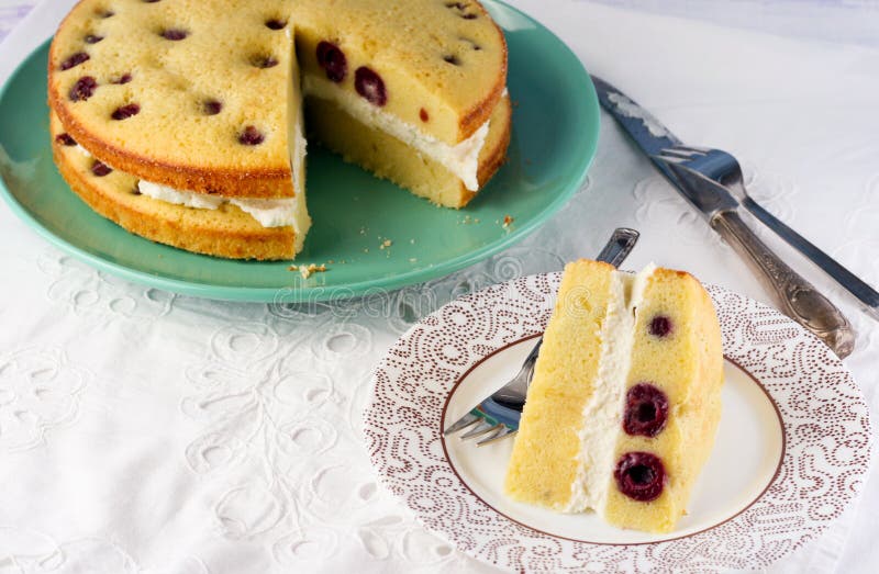 White Chocolate, Cottage Cheese and Cherry Cake Stock Photo - Image of ...