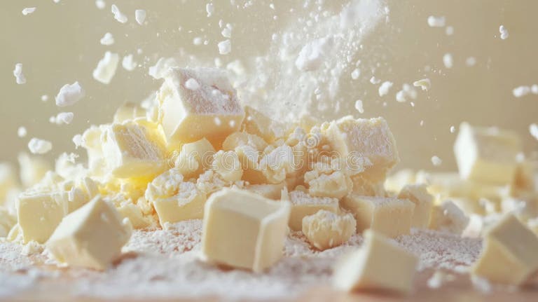 White Chocolate Cubes and Powdered Sugar Exploding Stock Illustration ...