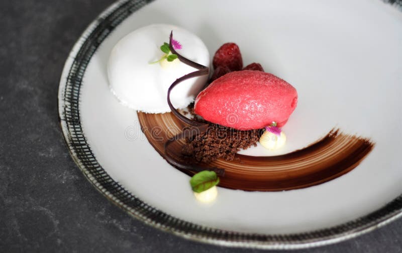 White Chocolate Dacquoise with Raspberry Sorbet Menu for Desserts Serve ...