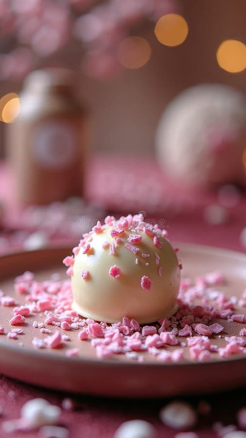 White Chocolate Dessert Ball with Pink Sprinkles on Ceramic Plate Stock ...