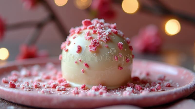 White Chocolate Mousse Dome with Pink Crumble on Pink Plate Stock Image ...