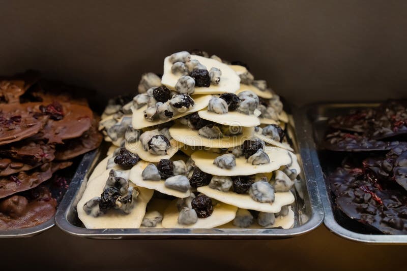 White Chocolate with Prunes Folded in a Stack, Pastry Tray at a Fair ...