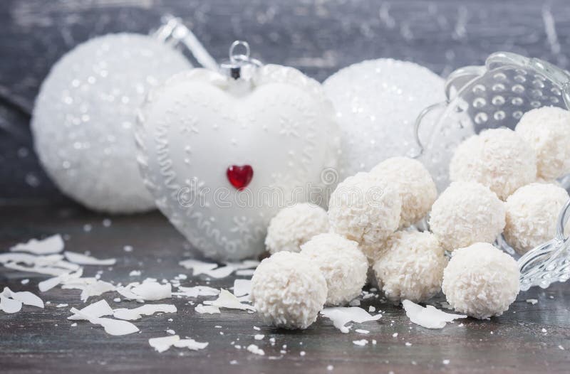 White Christmas Balls and Coconut Sweets. Stock Photo - Image of ...