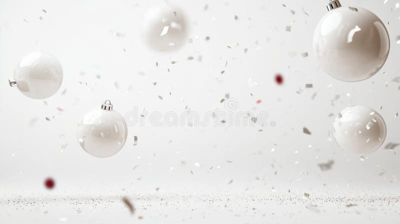 White Christmas Balls Hanging on Strings with Silver Confetti Falling ...