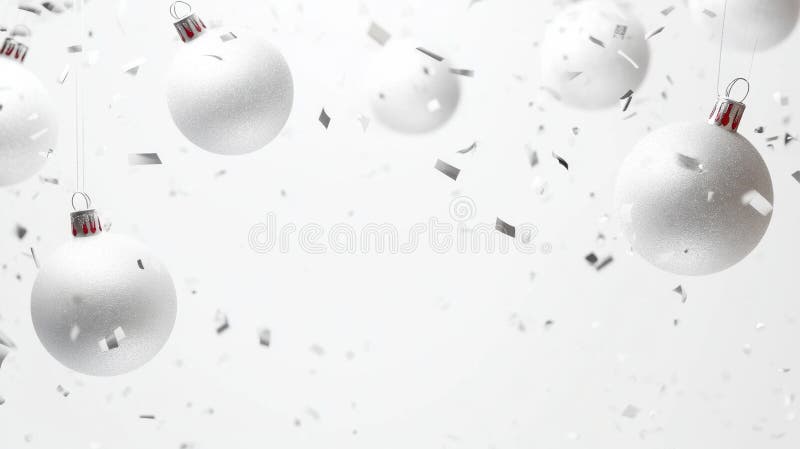 White Christmas Balls Hanging on Strings with Silver Confetti Falling ...
