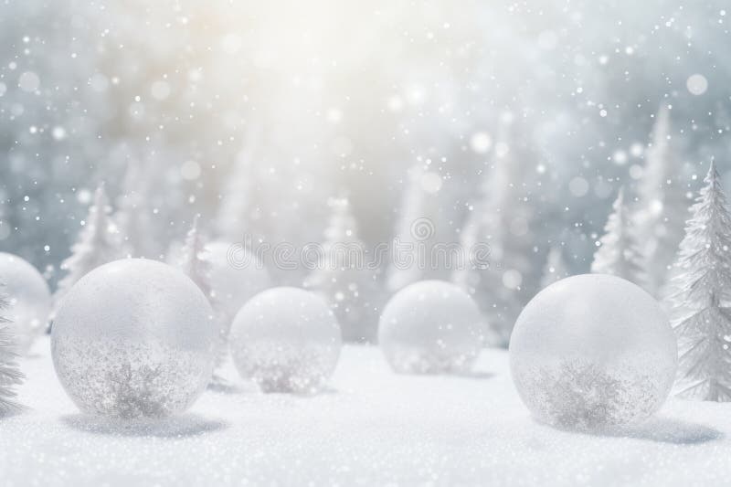 White Christmas Balls in the Snow with Trees in the Background Stock ...