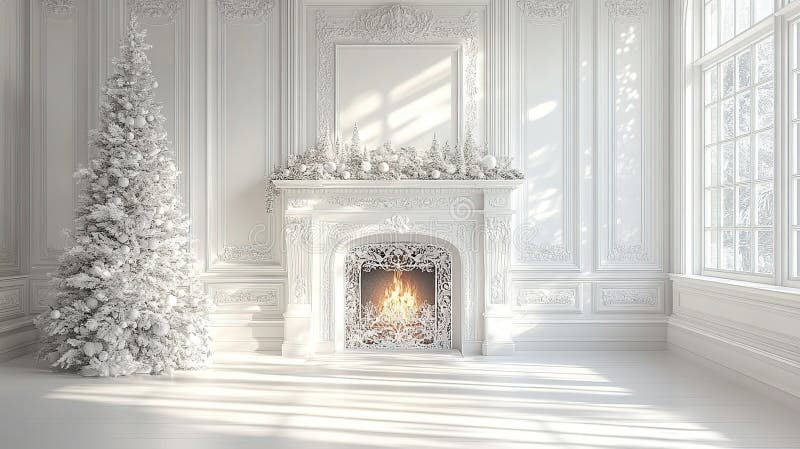 White Christmas Fireplace Room, Decorated Tree, Sunlight Stock ...