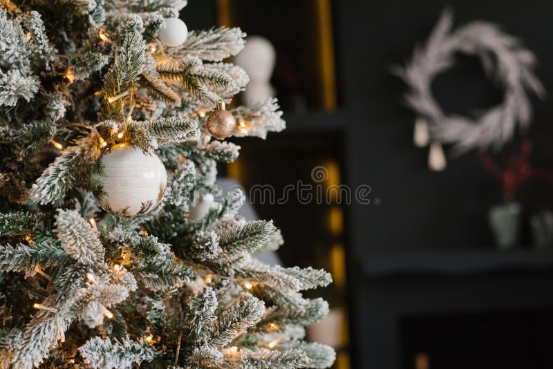 White Christmas Tree Ball on a Tree with Copy Space Stock Image - Image ...