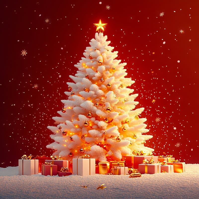 A White Christmas Tree with Presents Under it in the Snow Stock Photo ...