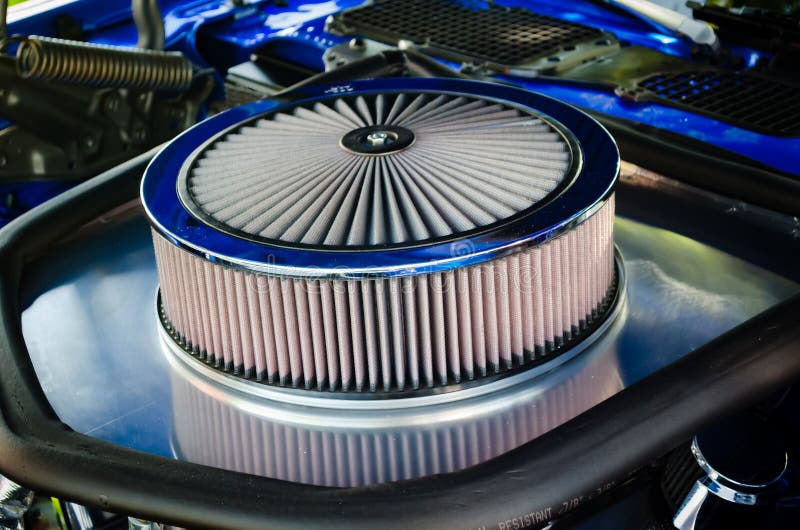 White and Chrome Racing Car Air Filter Stock Photo - Image of hood ...