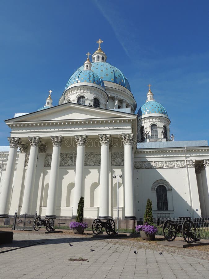 White Church Blue Domes with Gold Stars and Columns Stock Photo - Image ...