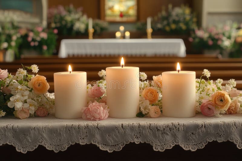 Religious Ceremony Decor, White Church Candles on a Lace-draped Altar ...