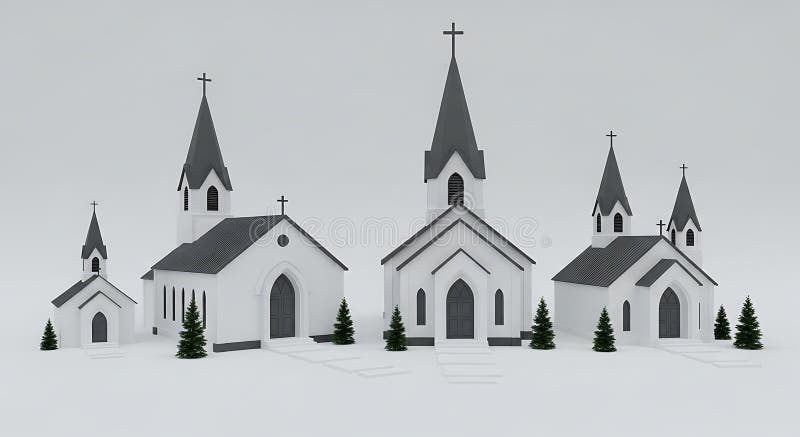 White Churches with Dark Roofs and Small Trees on a Grey Background ...
