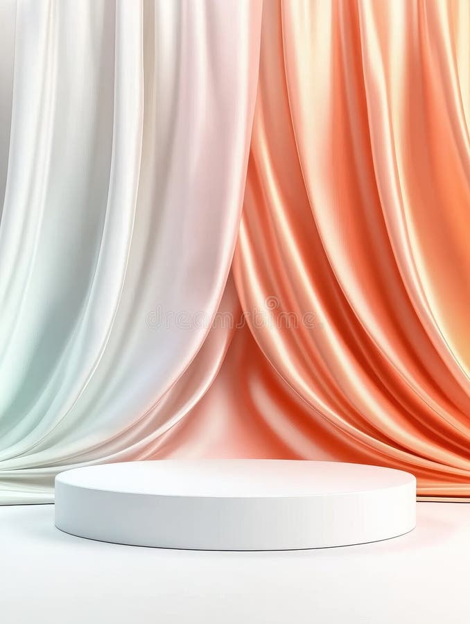 A White Circular Platform with Flowing Soft Fabric Curtains in Shades ...