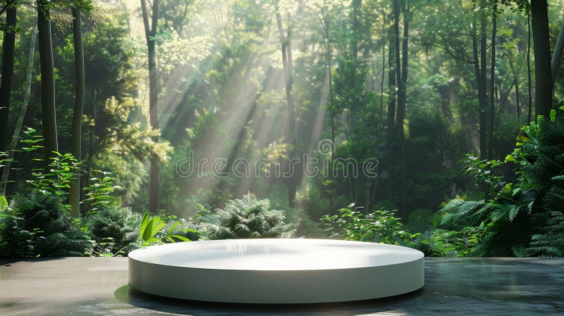 White Circular Platform in a Lush Green Forest with Sunbeams Stock ...