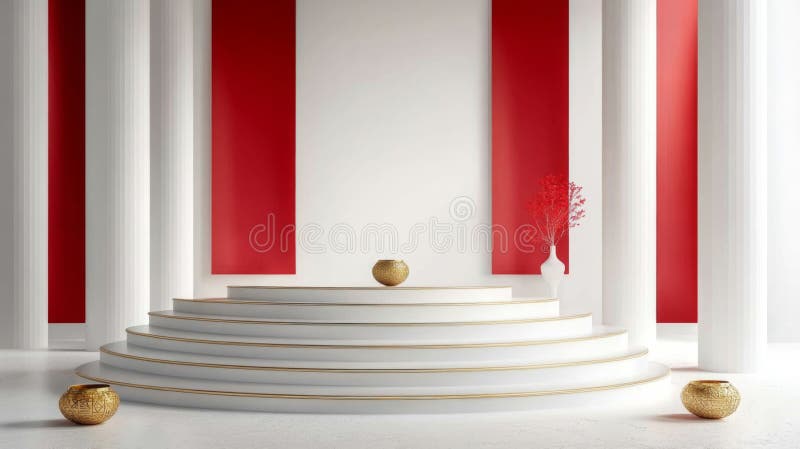 White Circular Platform with Red Accents and Gold Bowls Stock ...