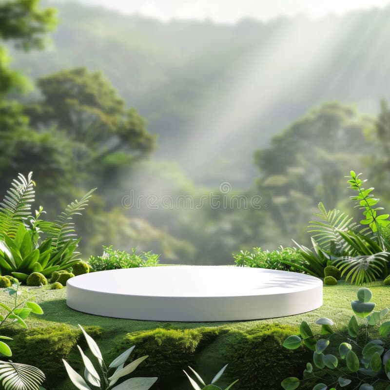 White Circular Platform Surrounded by Lush Greenery with a Defocused ...