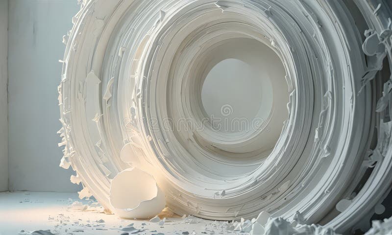 White, Circular Sculpture with Cracked Surface and Small White Object ...