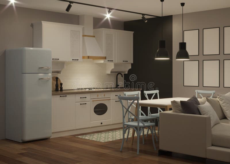 White Classic Kitchen Interior with Blue Fridge and Black Chalk Wall ...