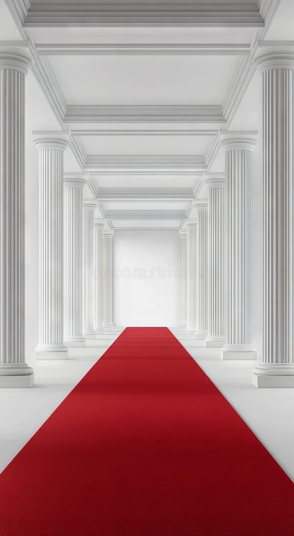 A White Classical Colonnade Features a Red Carpet Pathway Stock Photo ...