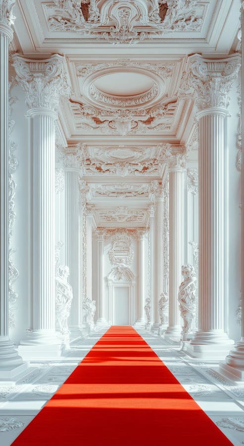 Through a White Classical Colonnade, a Pathway of Red Carpet is Laid ...