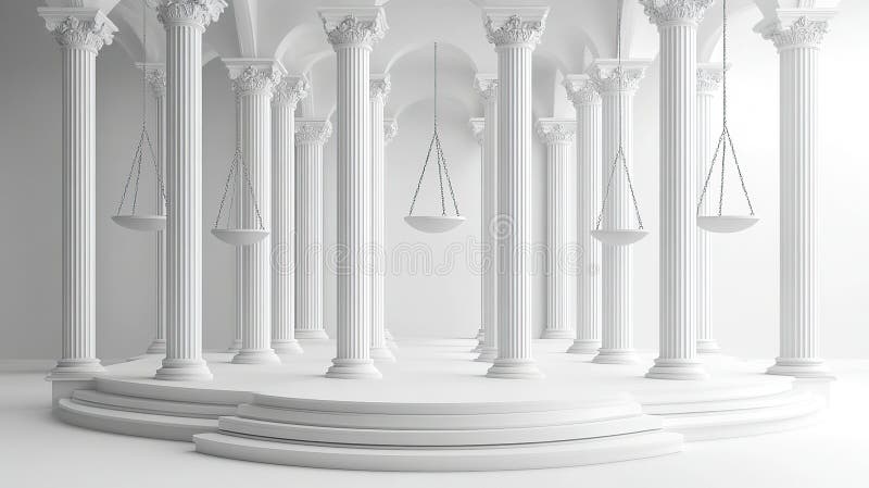 White Classical Columns, Arches, and Podiums, Justice Scales Stock ...