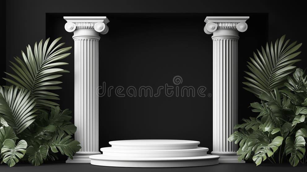 White Classical Columns with Green Tropical Plants on a Black ...