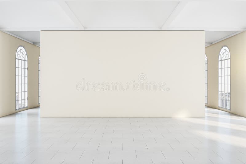 White Classical Gallery Interior with Large Windows and Blank Wall ...