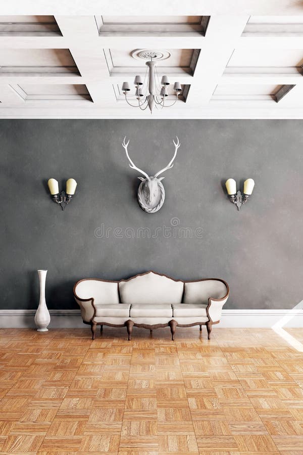 White Classical Style Sofa in Vintage Room Stock Illustration ...