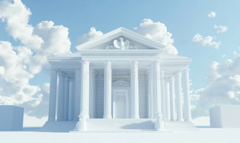 White Classical Temple Structure with Columns and Statues Under Blue ...