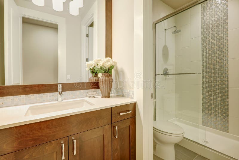 White and Clean Bathroom Design in Brand-new Home Stock Image - Image ...