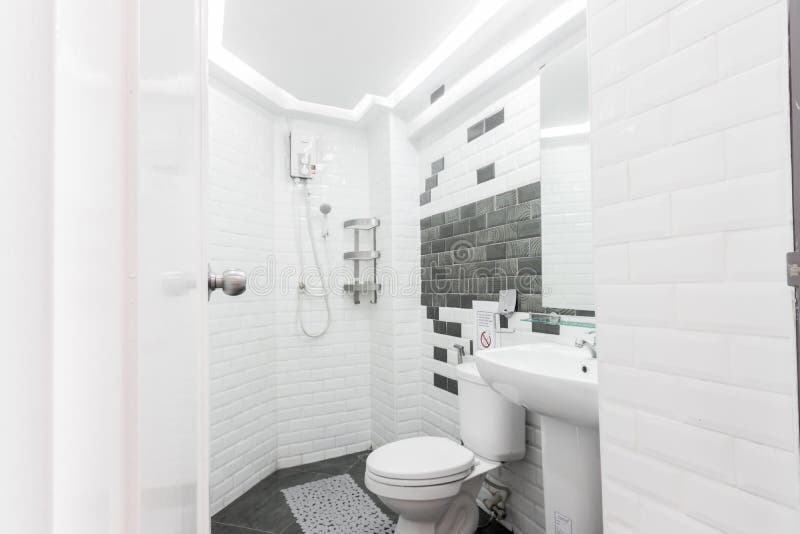 White clean bathroom stock photo. Image of room, furniture - 125918666
