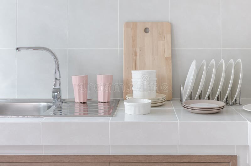 White Clean Counter in Kitchen with Utensil Stock Photo - Image of ...