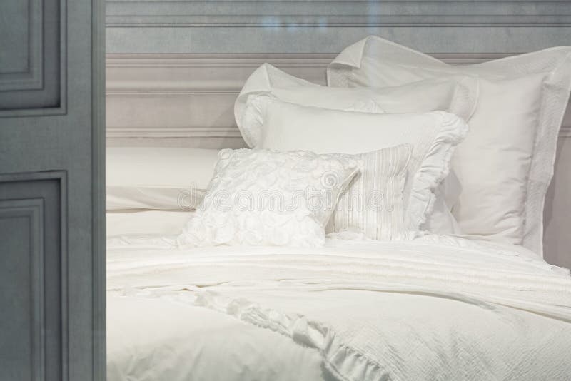 White Clean Pillows and Blanket Stock Photo - Image of ornament ...