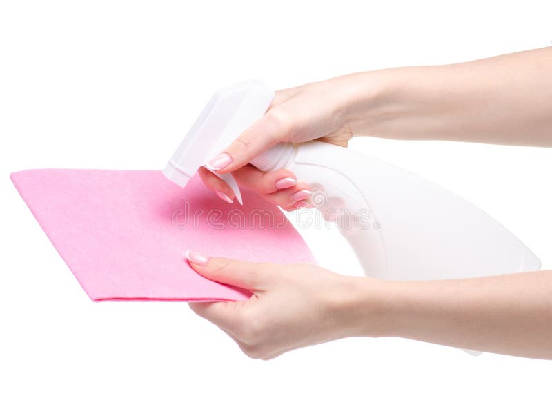 White Cleaning Spray with Pink Rag in Hand Stock Photo - Image of ...