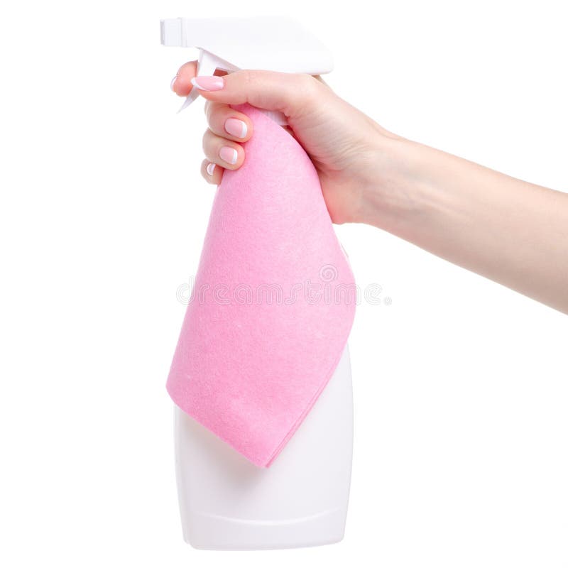White Cleaning Spray with Pink Rag in Hand Stock Image - Image of ...