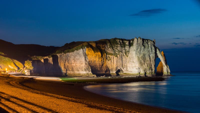 White Cliffs and Beach of Etretat Lighted at Night Stock Photo - Image ...