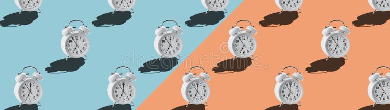 White Clock Alarm Clock Isolated on Blue Orange Background Seamless ...