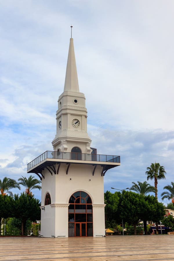 White Clock Tower in Center of Kemer, Antalya Province, Turkey Stock ...