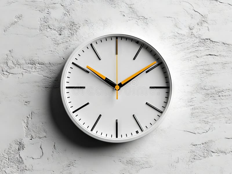 A White Clock with Yellow Hands on a White Wall Stock Photo - Image of ...