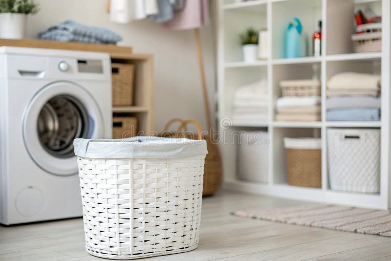 White Closed Basket in Front of Blurred Laundry Room Stock Illustration ...